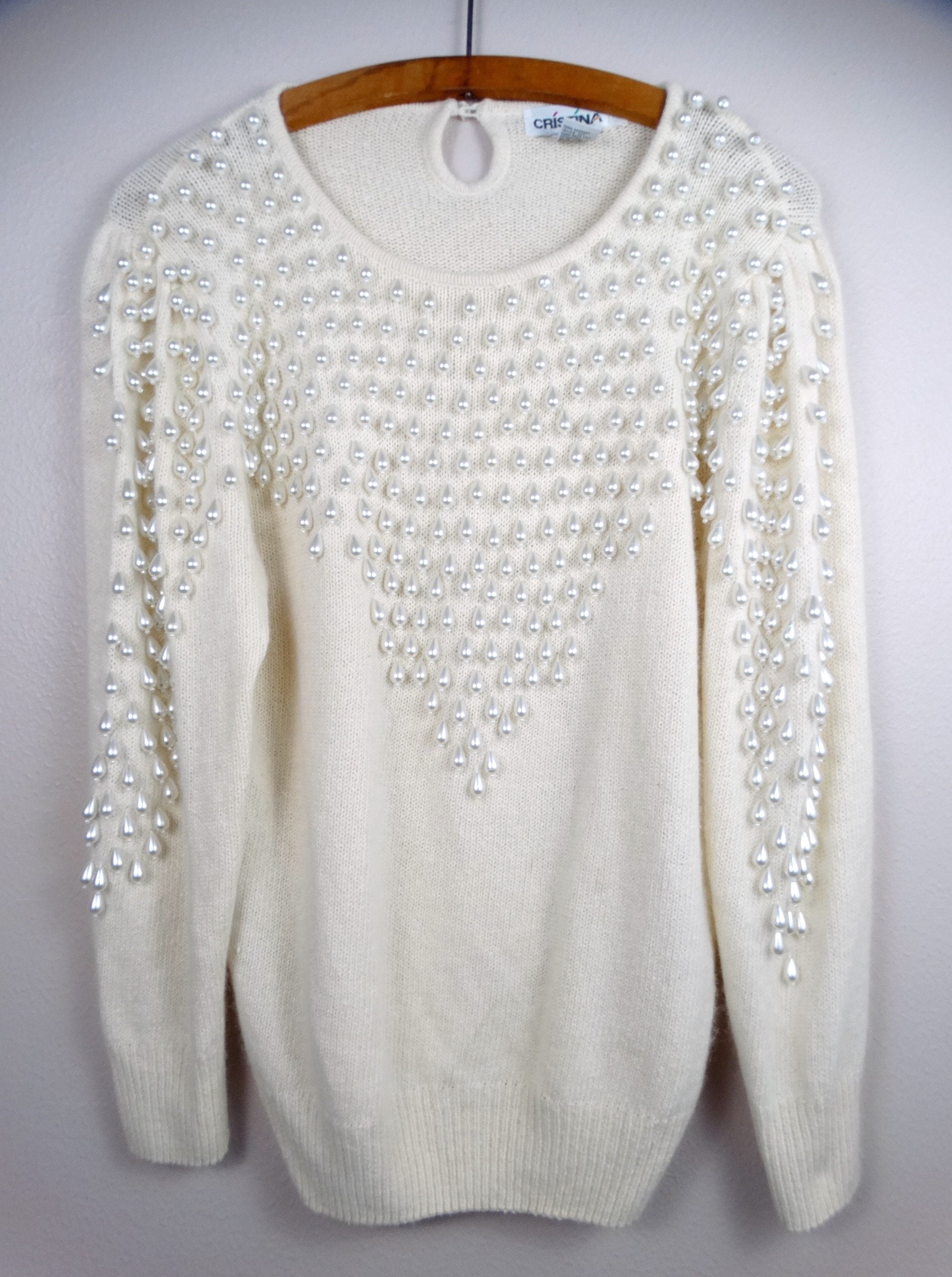 VTG Teardrop Pearl Beaded Sweater // Ivory Embellished Pullover Sweater ...