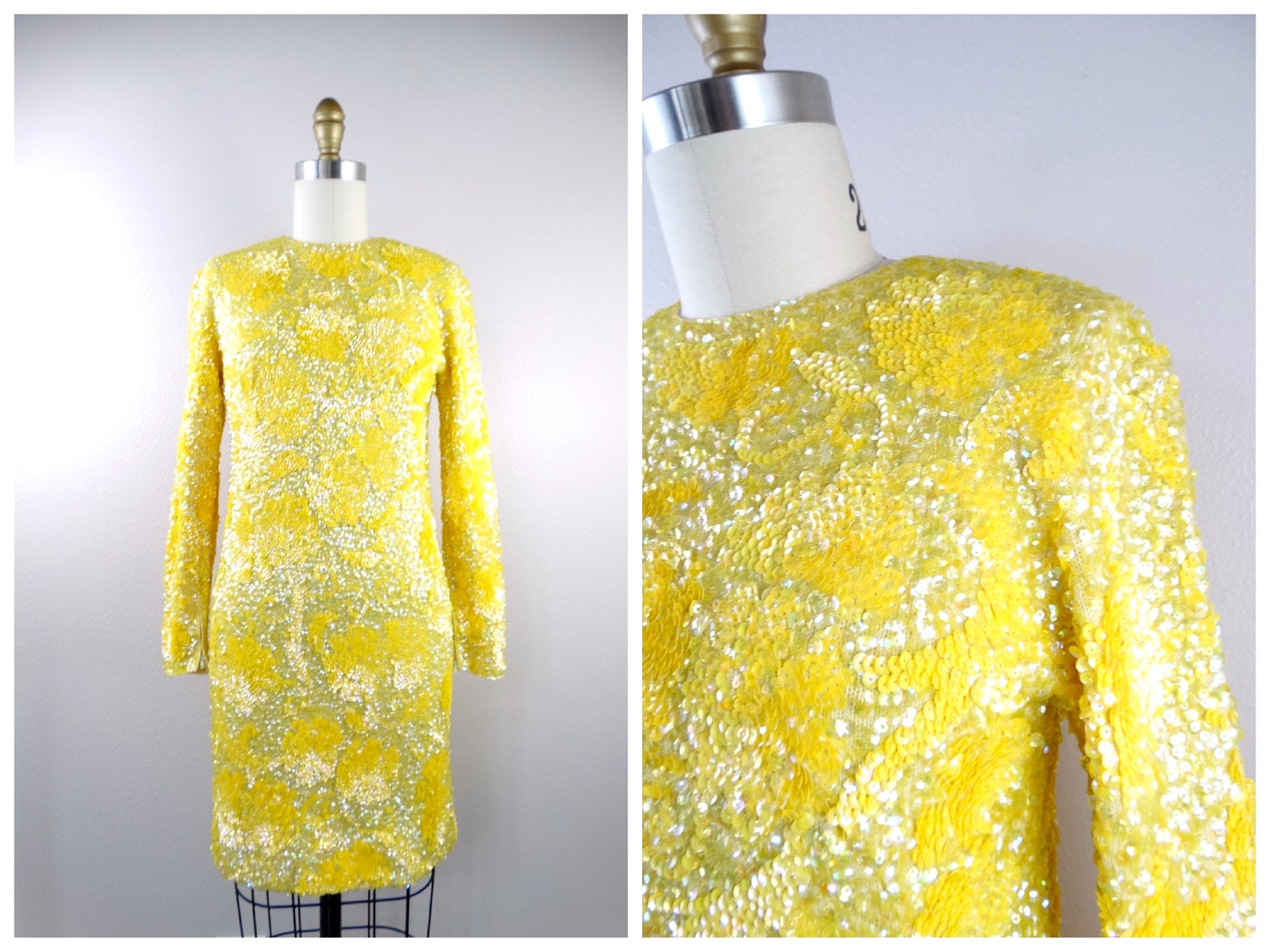 60s Vintage Yellow Sequin Dress • Hand Embellished - Etsy