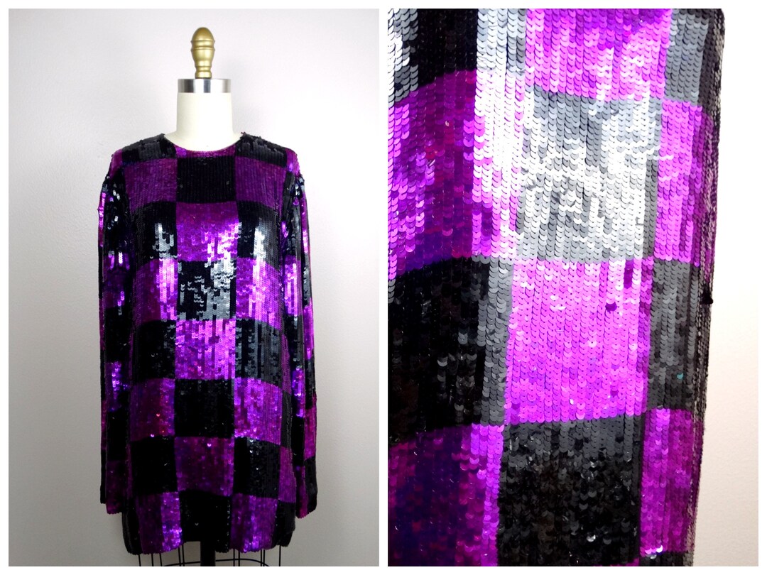 RETRO Vintage Sequin Tunic / Magenta Pink Purple Checker Sequined Long ...