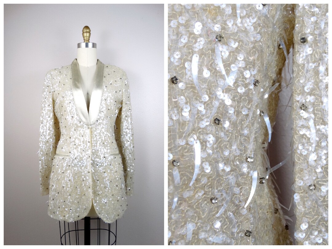 Rhinestone Encrusted Cattail Sequin Blazer / Crystal Beaded Sequin ...