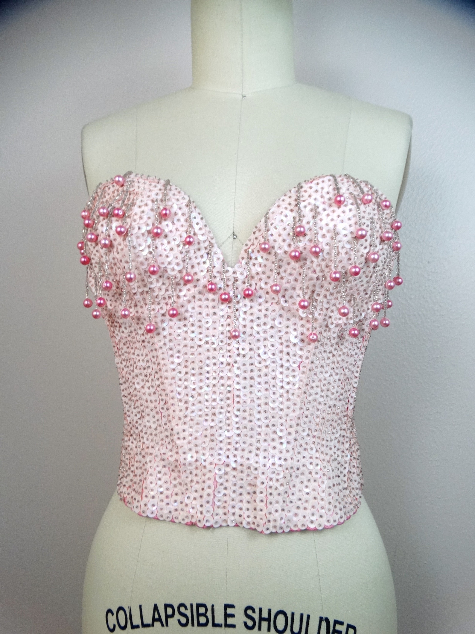 Glam Pink Fringe Pearl Beaded Sequined Bustier // Pastel Pink Sequin ...