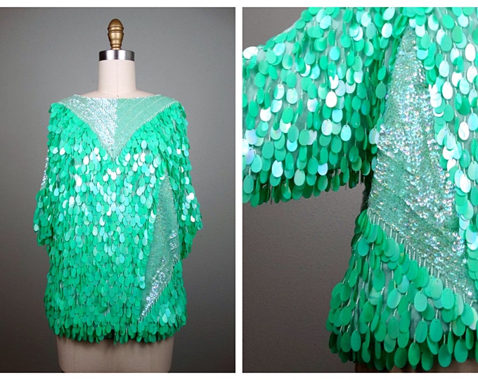 M/L Bright Mint Green Sequin Blouse / All Over Fringe Sequined Top ...