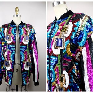 RARE Vintage Jewel Tone Sequined Jacket // Bright Blue and Pink Polka ...
