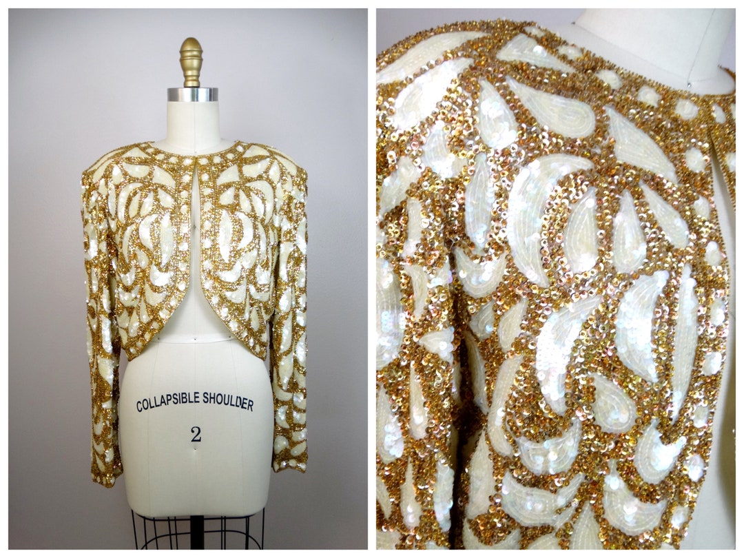 80s Couture Beaded Sequin Bolero Shrug / Iridescent Ivory and Rose Gold ...