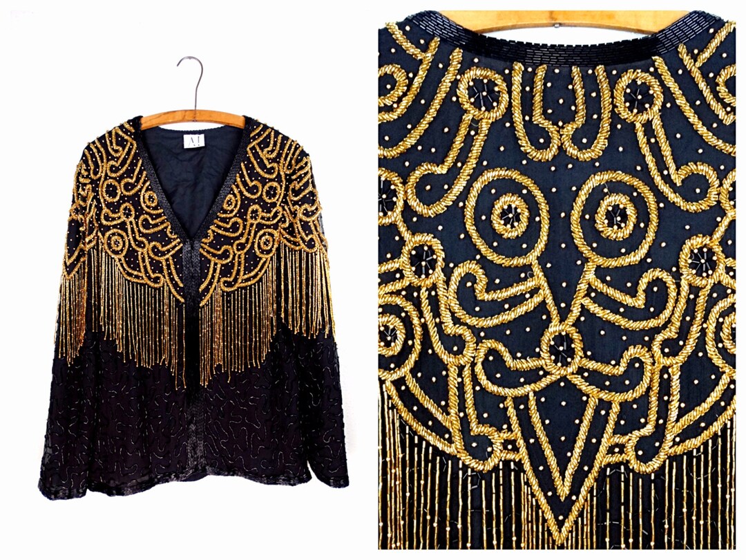 L/XL Fringe Beaded Vintage Blazer // Plus Size Black and Gold ...
