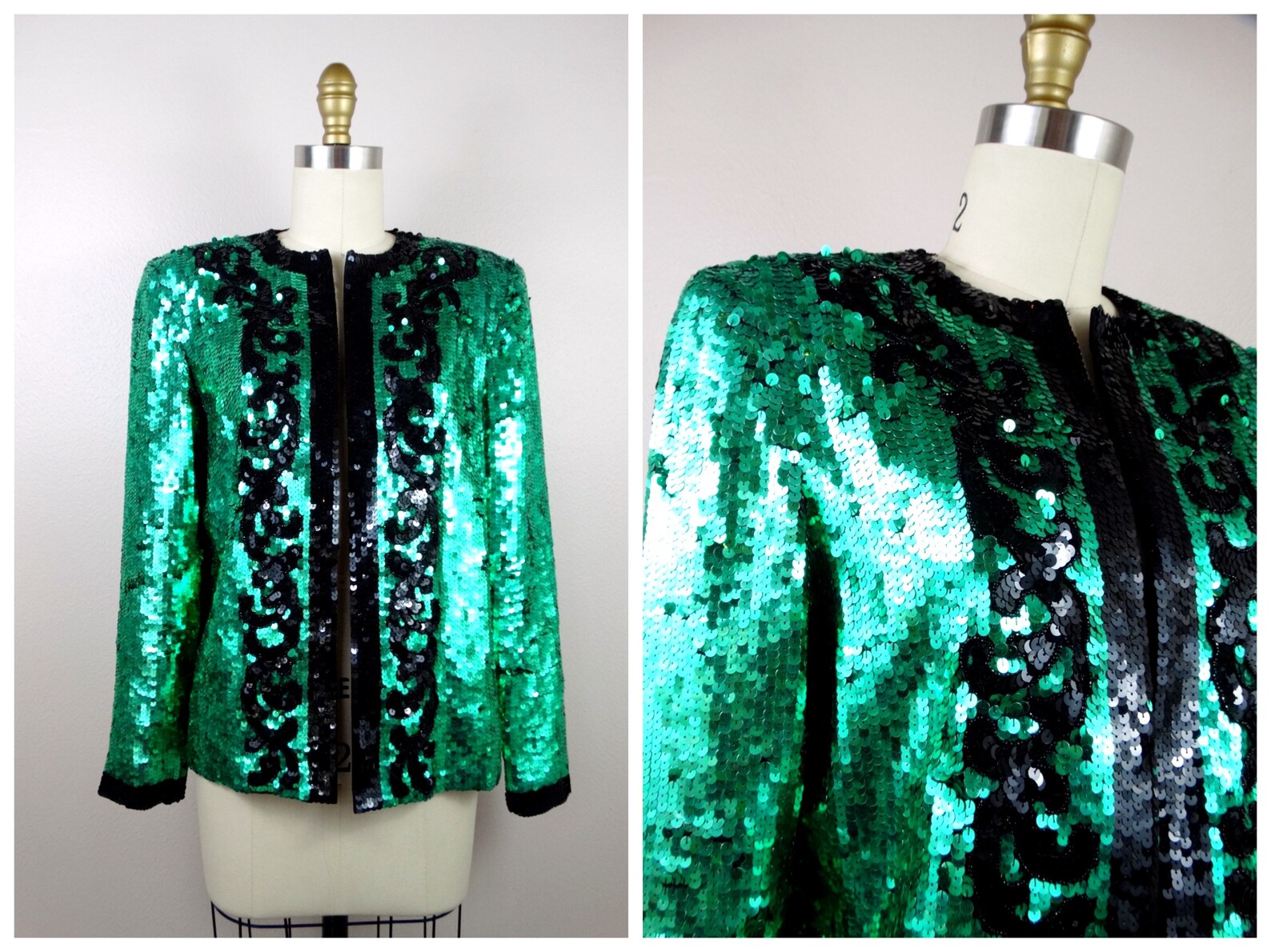 S/M Emerald Sequined Beaded Blazer / Bright Green Sequin Embellished ...