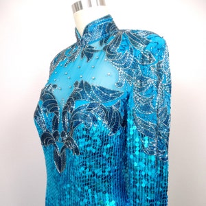 80s Sequined Beaded Turquoise Blue Gown • Vintage Full Length Prom ...