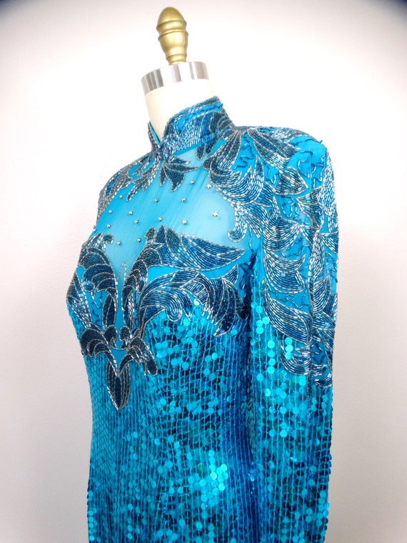 80s Sequined Beaded Turquoise Blue Gown • Vintage Ful… - Gem