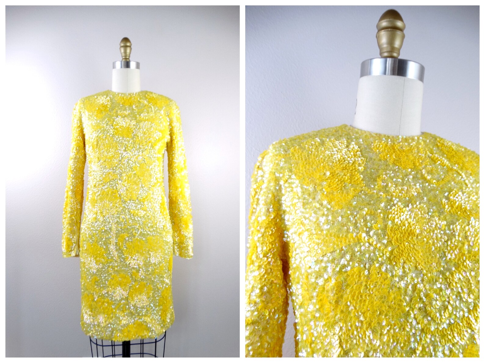 60s Yellow Sequined Dress Retro Sequin Embellished Dress | Etsy