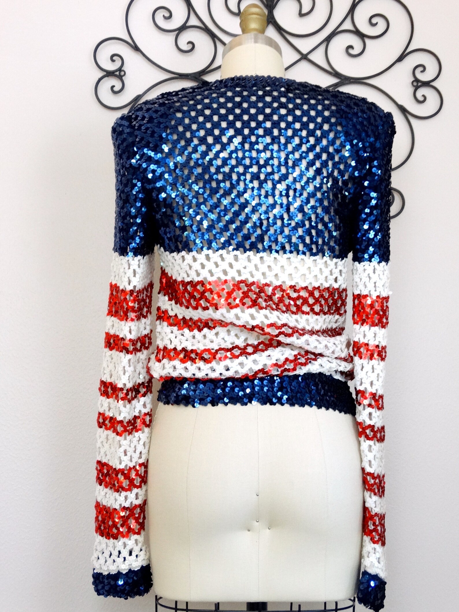 Vintage All Sequin Top // Red White and Blue Sheer Netted Top - Etsy