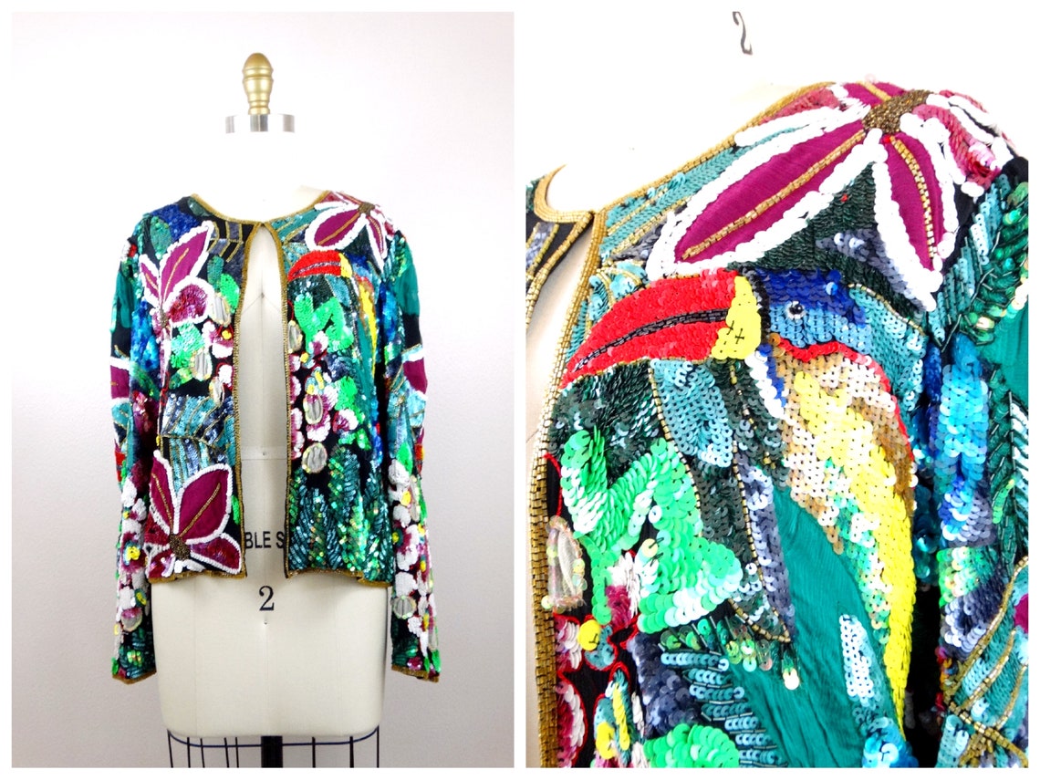 Tropical Rainforest Sequin Jacket / Exotic Toucan Embellished Nature ...