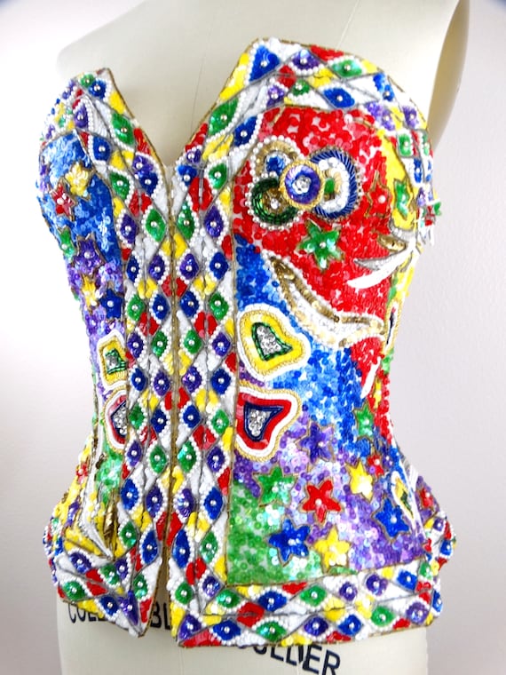 Whimsical Beaded Sequin Bustier // Colorful Beaded Se… - Gem