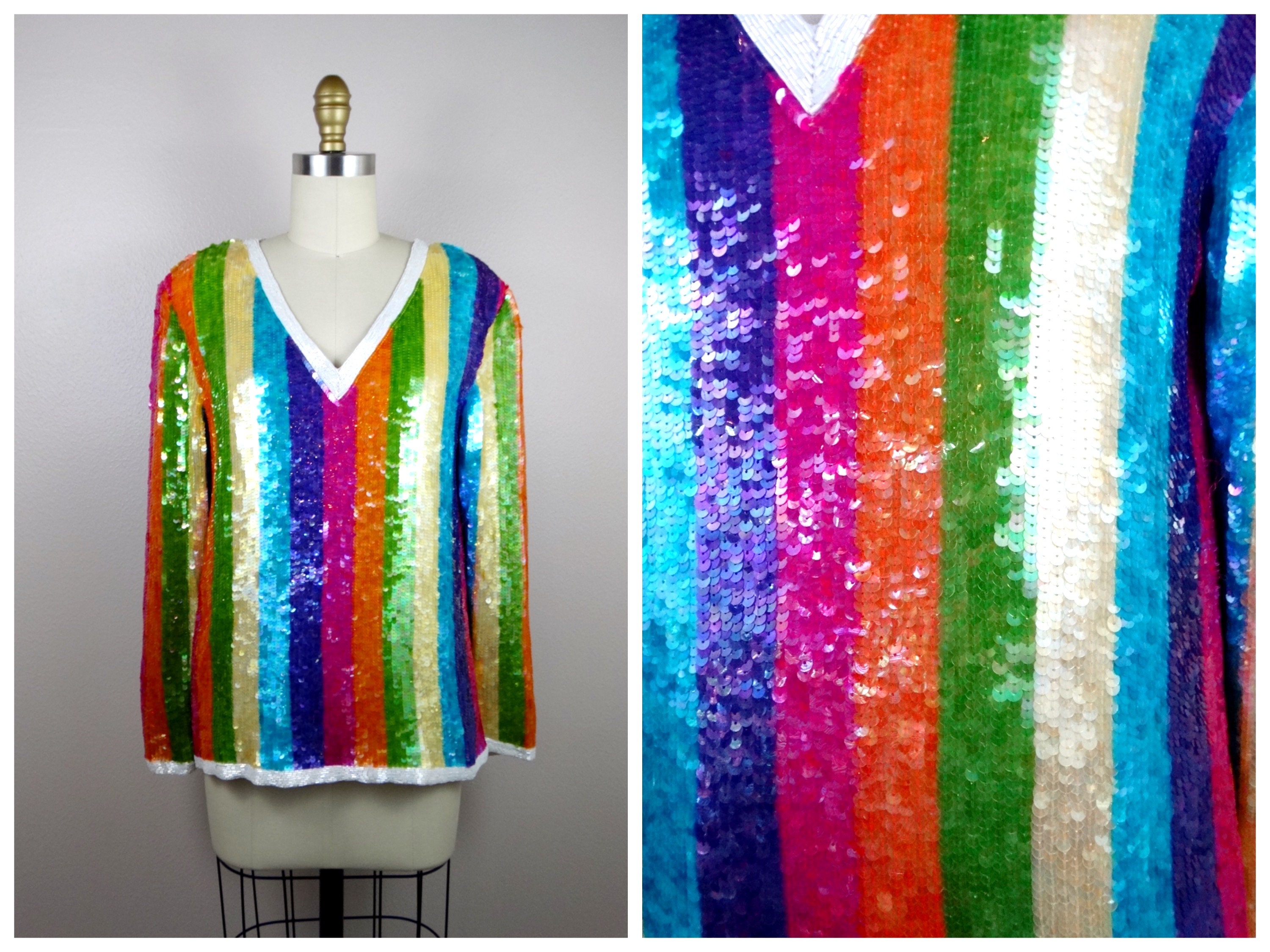 Rainbow Stripe Sequined Blouse / Bright & Colorful Sequin | Etsy