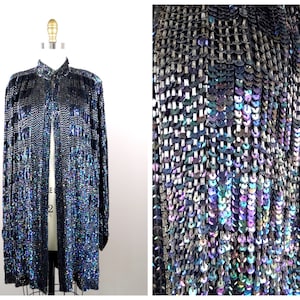 HEAVY All Sequined Beaded Long Jacket / Fancy Sequin Embellished Open ...