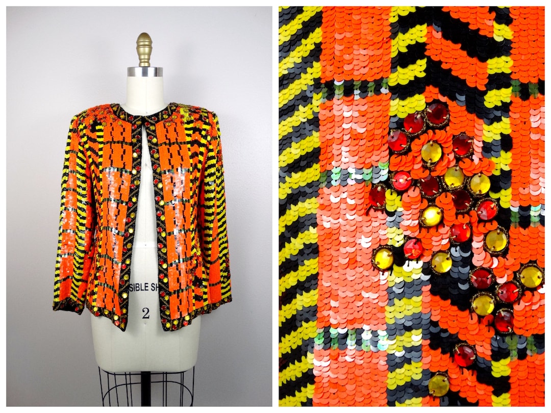 RARE Bejeweled Sequin Jacket // Neon Sequined Jacket // Bright Orange ...