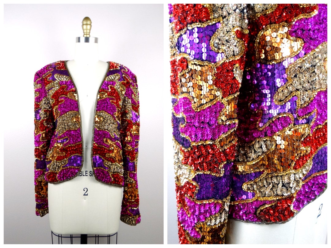 Colorful Sequin Shrug // Bright Red Pink Purple & Gold Embellished ...