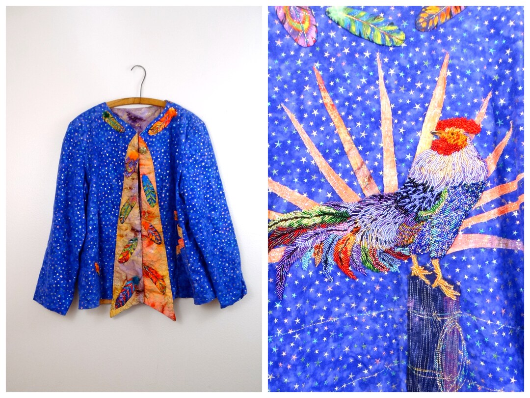 Rare ROOSTER Embroidered Jacket / Funky Couture Handmade Beaded Velvet ...