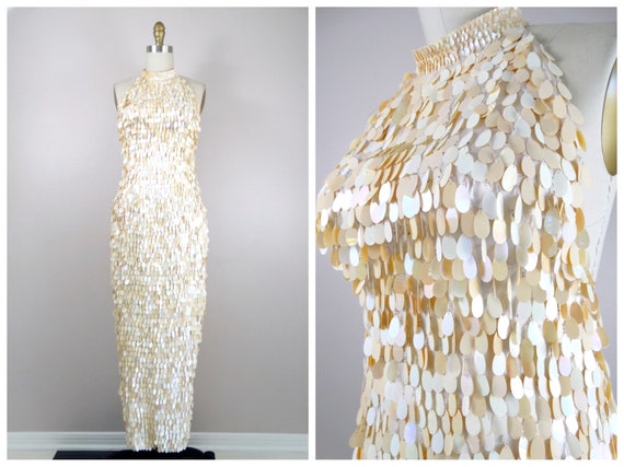 Iridescent Paillette Fringe Sequin Gown // Ivory Sequ… - Gem