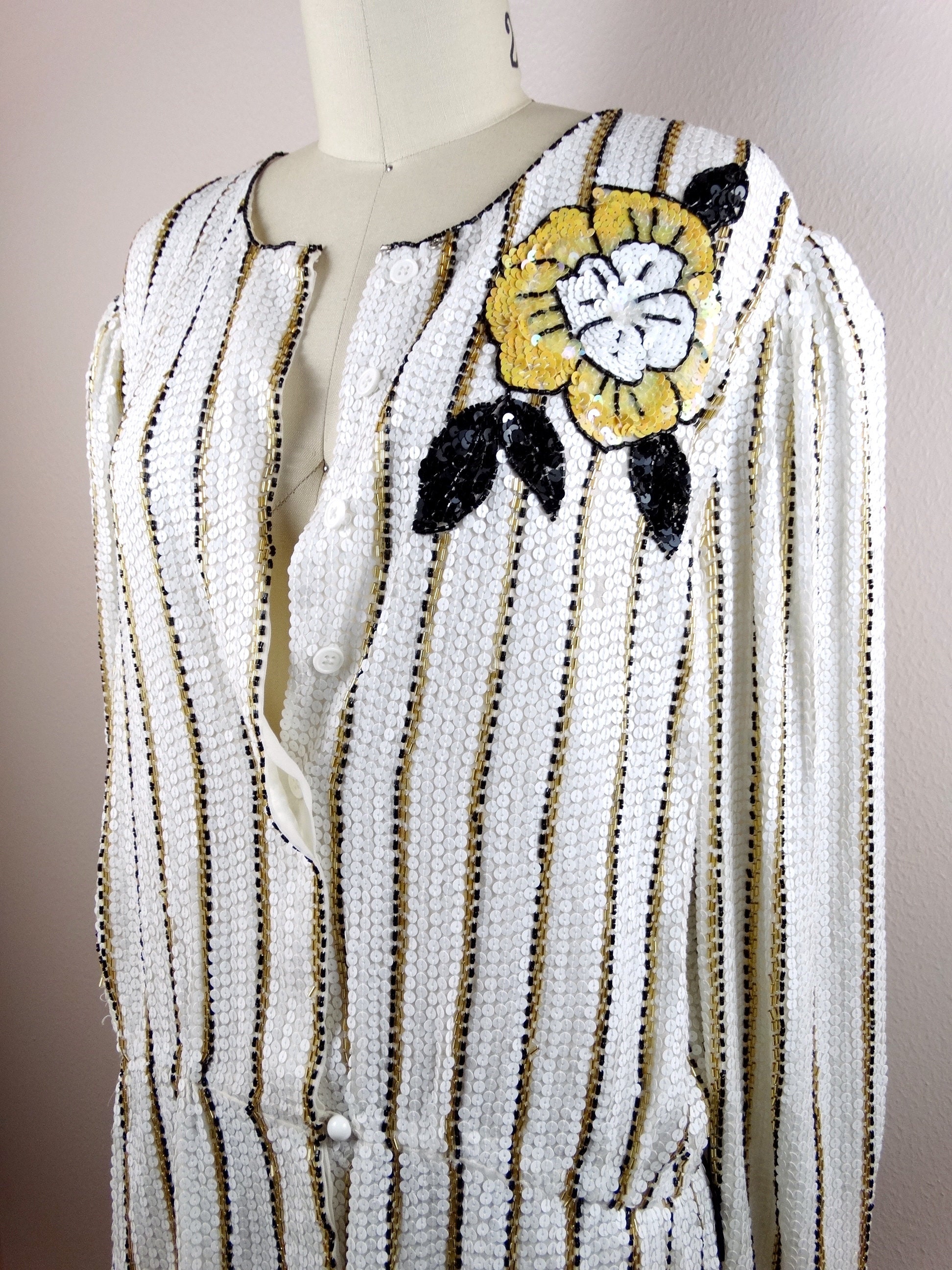 Rare White Sequin Gold Beaded Top / Art Deco Floral Long Sleeved ...