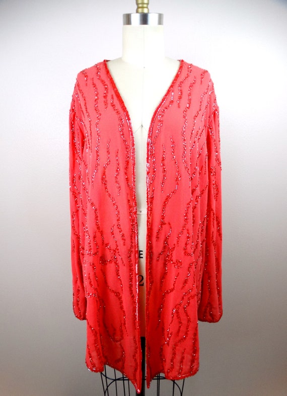 Plus Size Coral Pink Beaded Duster / Women's Sheer Em… - Gem