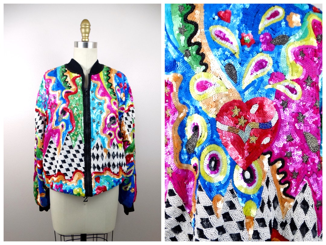 80s Retro Sequined Jacket // Rainbow Bomber Jacket // 1980's Hip Hop ...