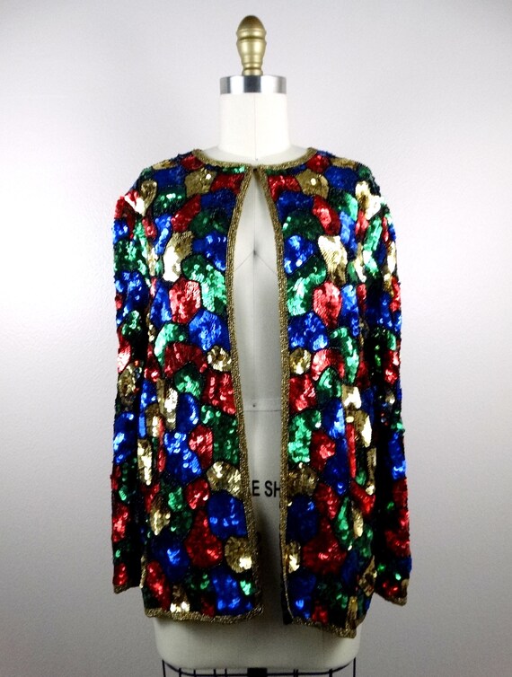 S/M All Sequin Cardigan // Red Blue Green and Gold Se… - Gem