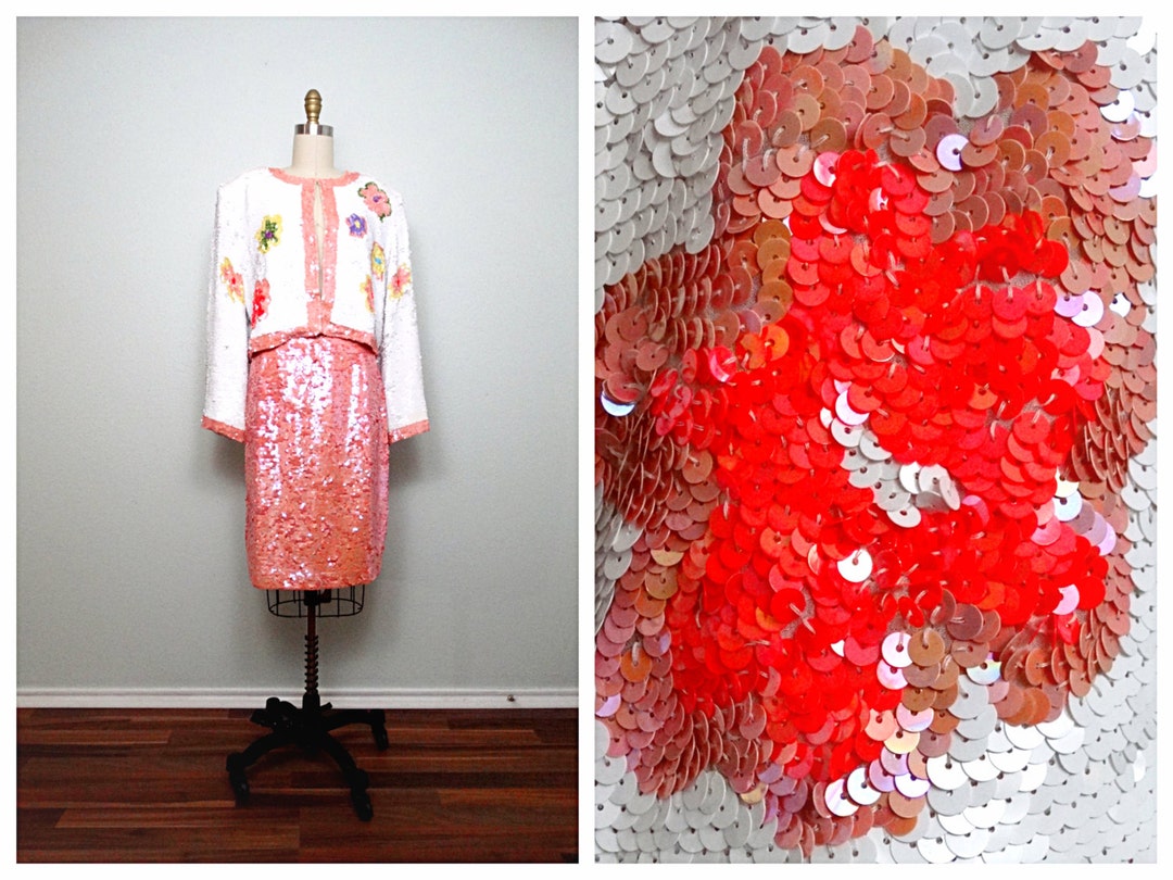 Neon Pop Sequin Dress Suit / Bright White and Coral Floral Jacket and ...