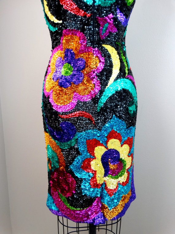 S/M Psychedelic Sequin Dress / Bright Neon Floral Seq… - Gem