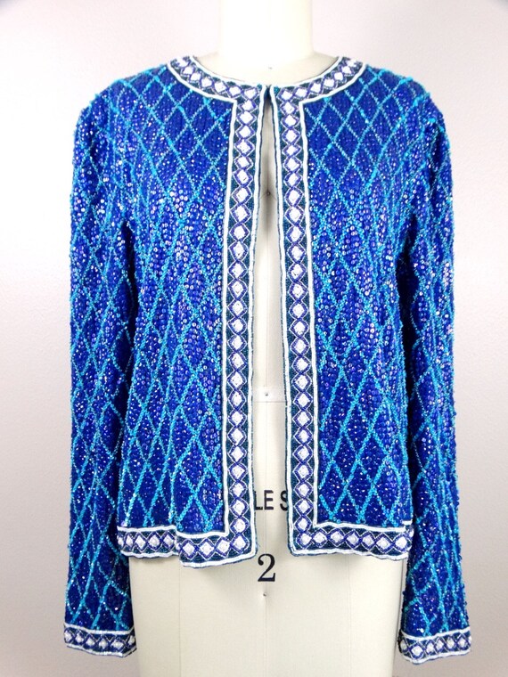 Neon Blue Beaded Sequined Cardigan Top // Royal Blue … - Gem