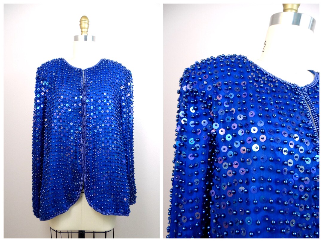 M/L Royal Blue Pearl Beaded Evening Jacket / Bold Sequin Embellished ...