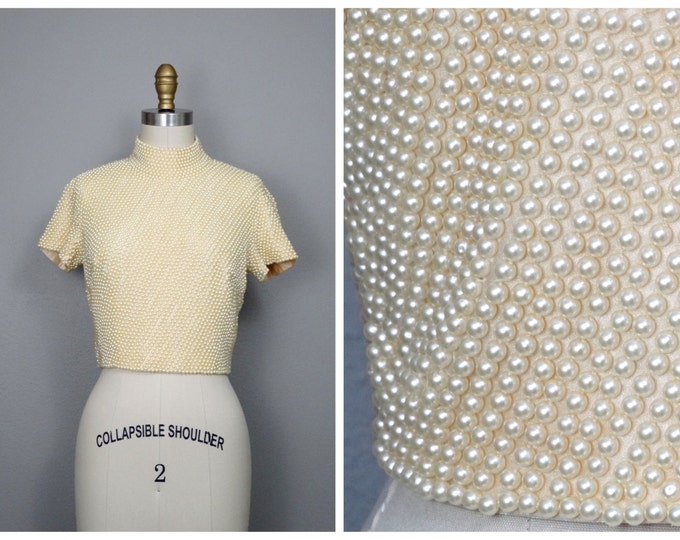 Ivory Pearl Beaded Crop Top // Heavily Embellished Top W/ Cream Faux ...
