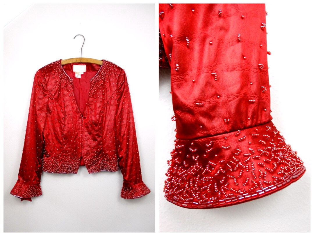 Crimson Red Beaded Evening Top / Bead Embellished Zip up Jacket by VIE ...