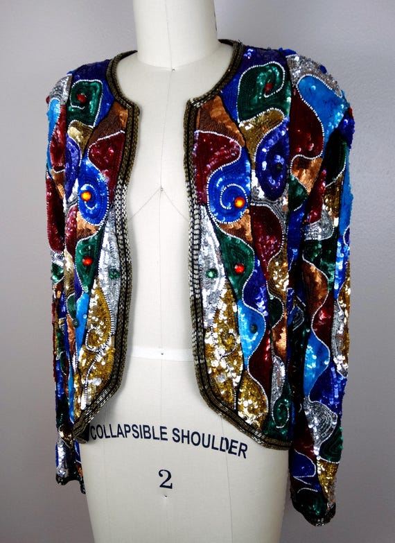 S/M Sequin Embellished Jewel Beaded Cardigan Shrug //… - Gem
