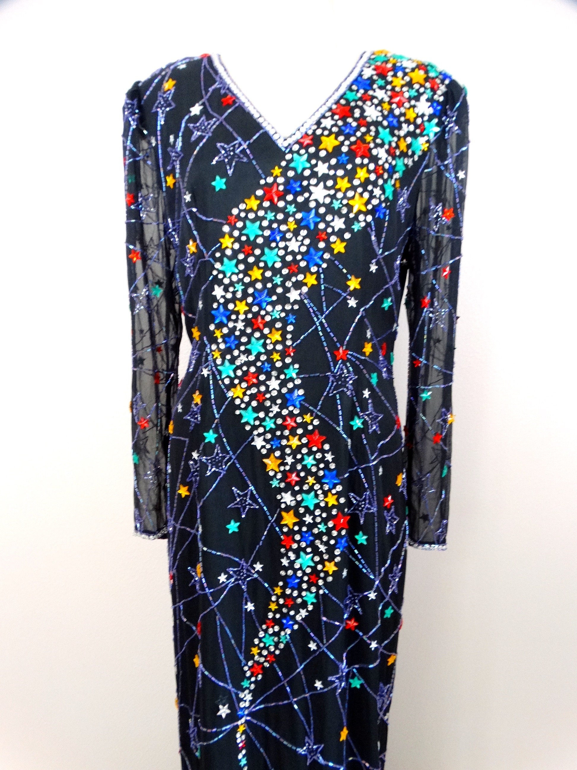 Whimsical Star Embellished Gown / Bright Bejeweled Stars Sequin Gown ...