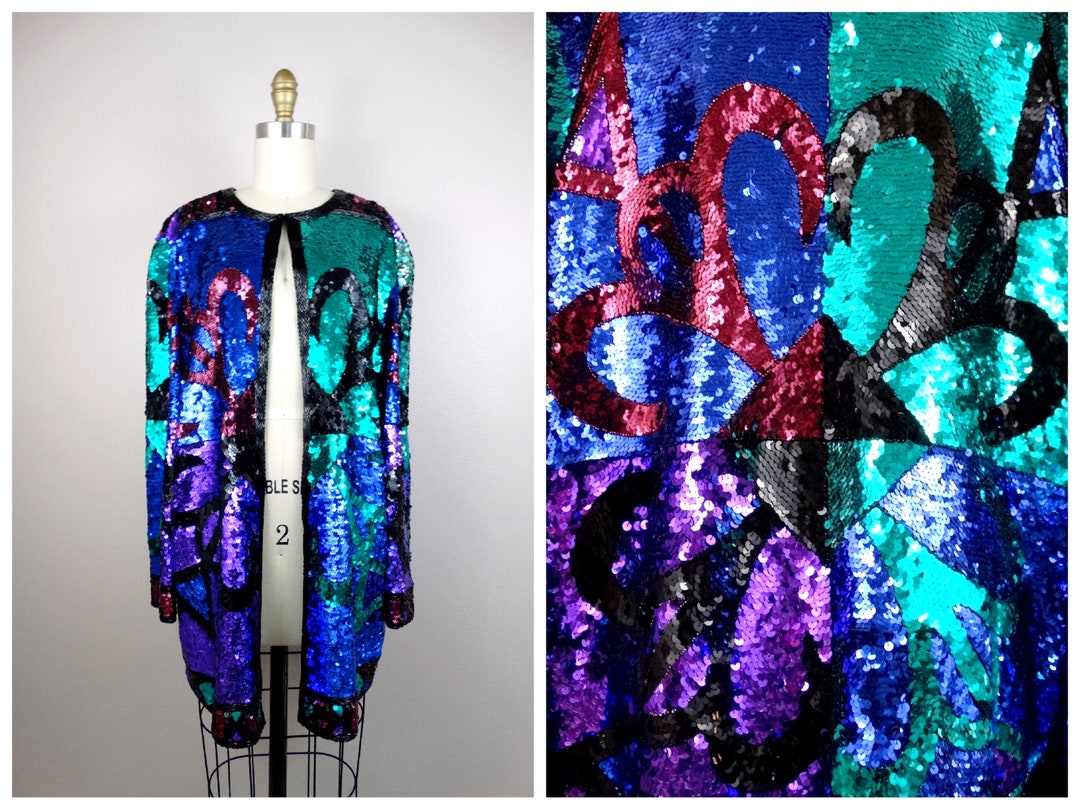 L/XL Heavy Beaded Sequined Jacket / Blue Green and Purple Vintage ...