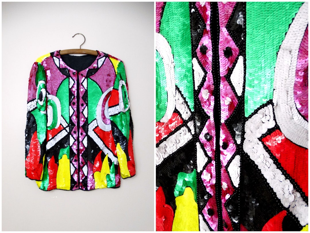 M/L Funky Neon Sequin Jacket / RARE Retro Vintage Jacket / Bright ...