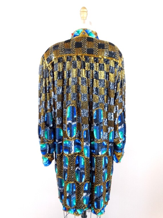 HEAVY Gold Beaded Long Jacket / 80s Novelty Glam Over… - Gem