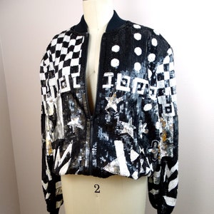 80s Retro Vintage Sequin Bomber Jacket // Mod 1980's Black & White ...