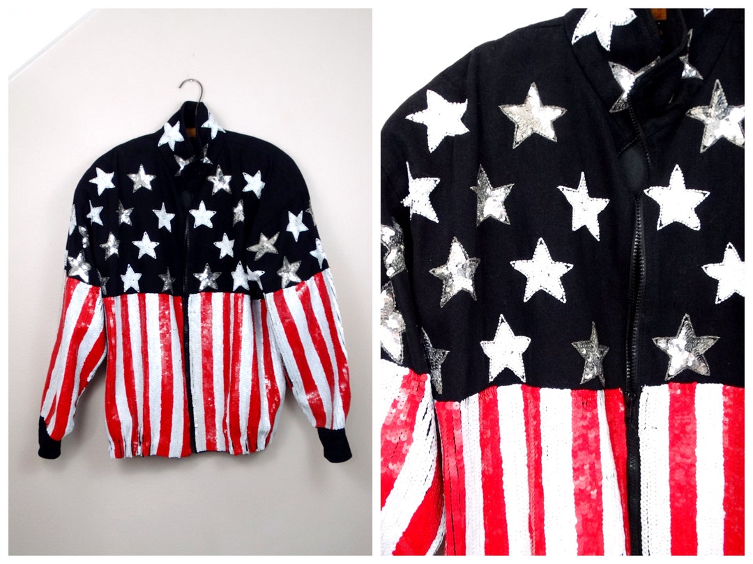 STARS & STRIPES Sequin Bomber Jacket // 80's Retro Red White and Blue ...