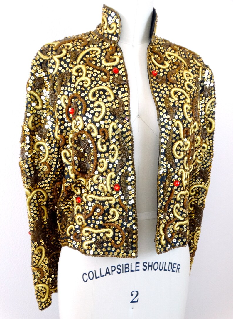 Ornate Jewel Beaded Cropped Jacket / Gold Sequin Red Jeweled - Etsy