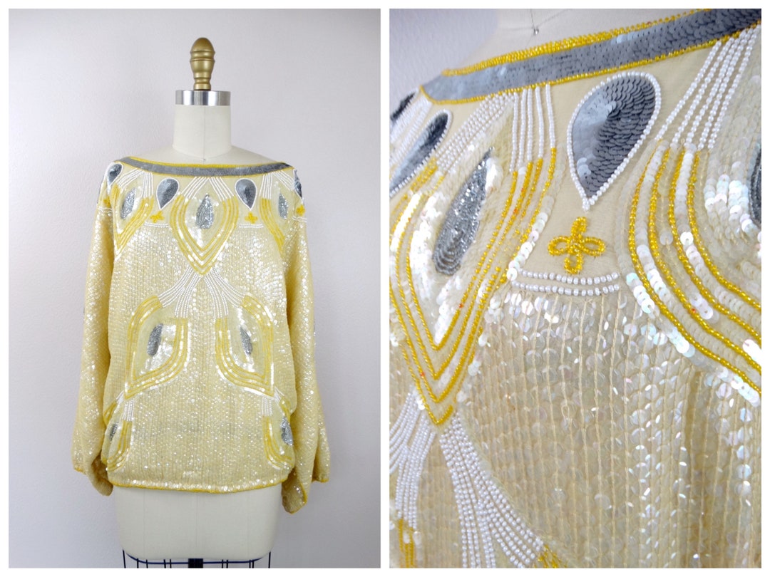 Pastel Yellow Sequin Top / Silk Sequined Beaded Oversized Dolman Sleeve ...