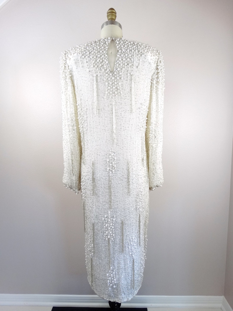 Pearl Beaded Fringe Embellished Midi Gown // White Pearl Beaded Dress ...