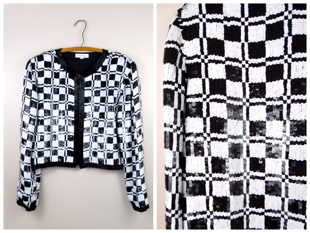 M/L Fully Sequined Jacket // RETRO Black and White Sequin Bolero // Checkered Evening Jacket - Etsy