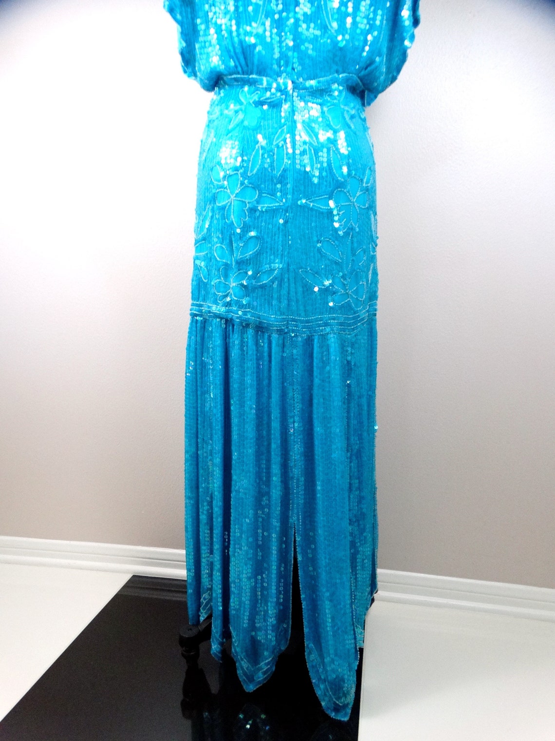 70s Lillie Rubin Blue Sequin Dress / Bright Turquoise Sequined Beaded ...