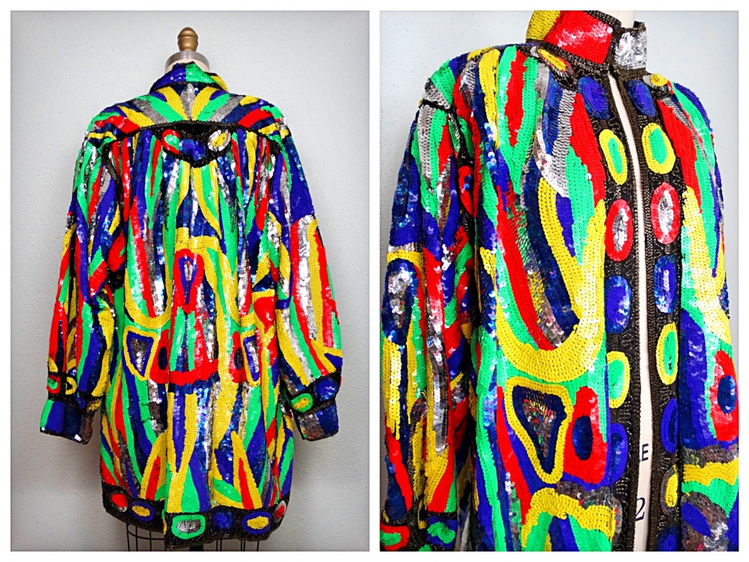 Psychedelic Neon Sequin Plus Size Jacket / Bright Trippy Coat / Funky ...