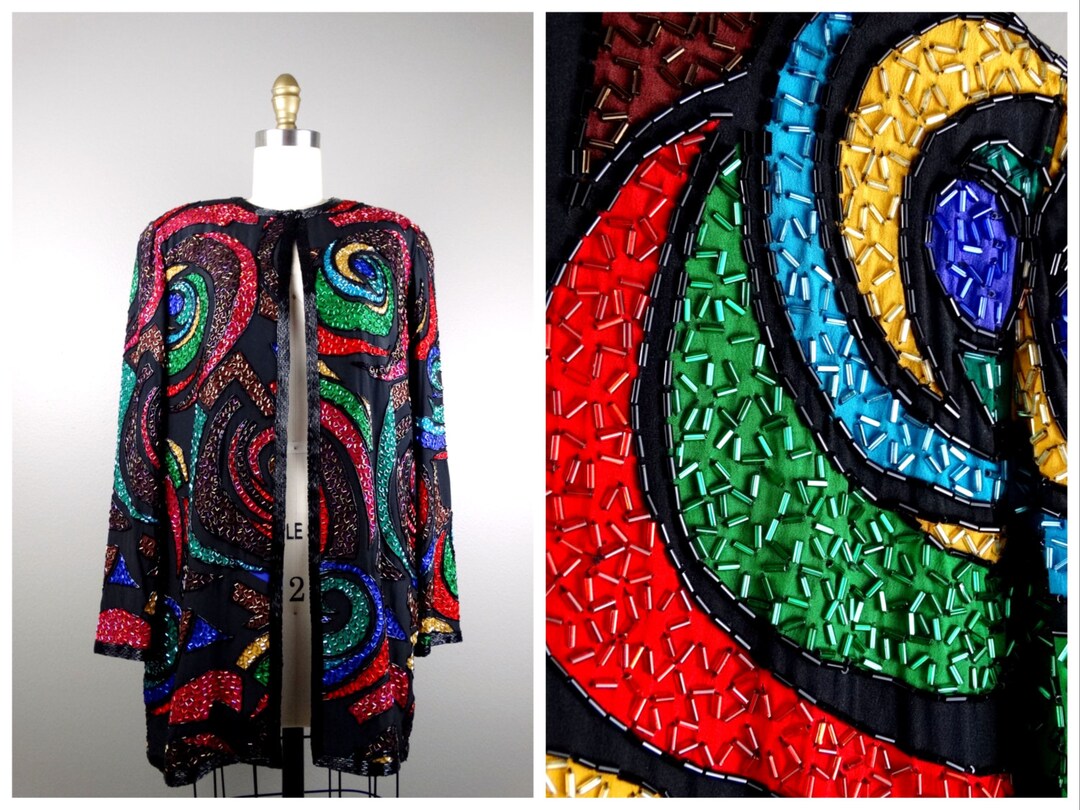 L/XL Heavily Beaded Formal Evening Long Jacket // Whimsical Embellished ...
