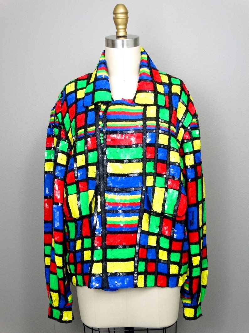80s Color Block Sequined Moto Jacket / Bright Retro Sequin - Etsy