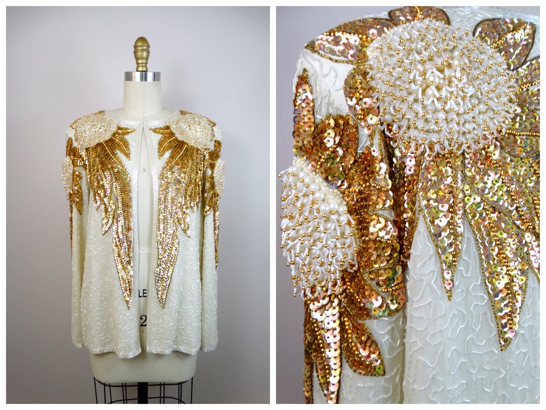 Pearl Beaded Gold Sequined Cardigan // Heavily Beaded Sequin Open Top ...