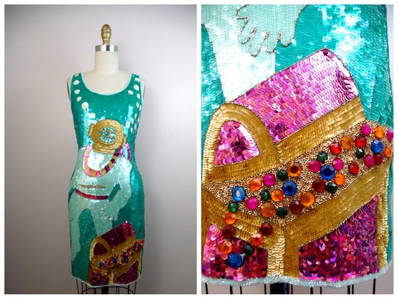RARE Treasure Sequined Dress / POP ART Jewel Embellis… - Gem