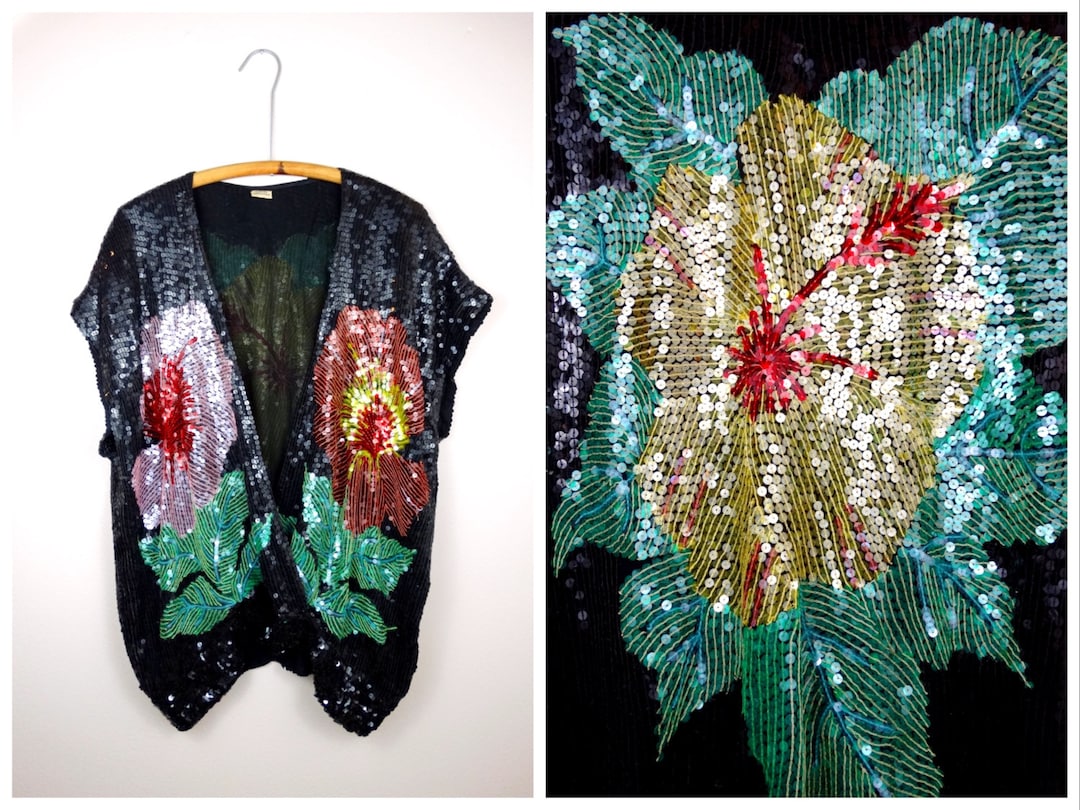 Tropical Sequin Deep V Neck Hawaiian Floral Top // Fully Embellished ...